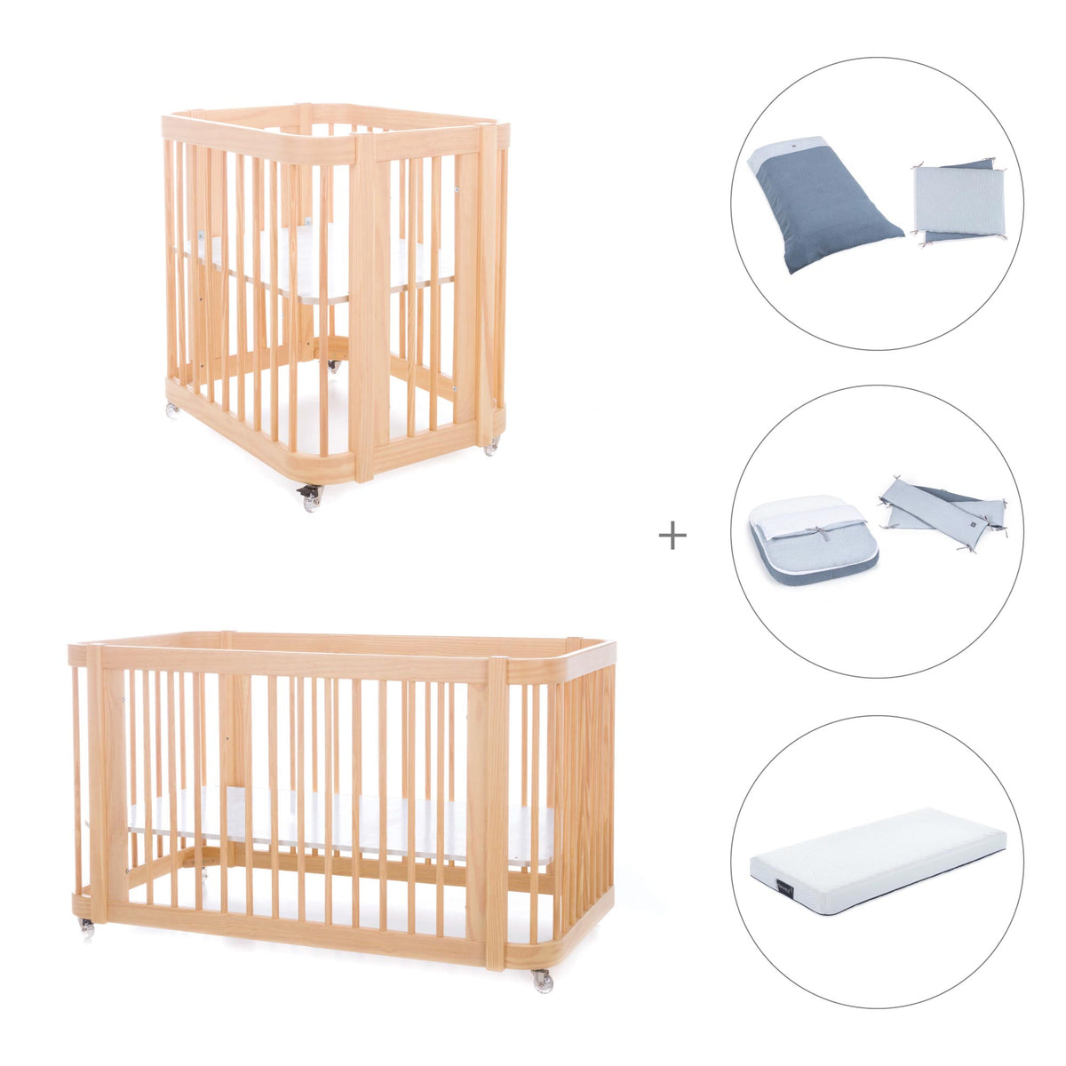 Minicuna pequeña y portátil con ruedas convertible en cuna grande